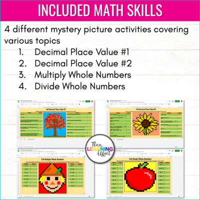 Fall Math Activities Digital Pixel Art | Decimals Multiplication Division