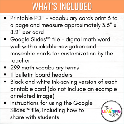 3rd Grade Math Word Wall Printable Vocabulary Cards and Digital Google ...
