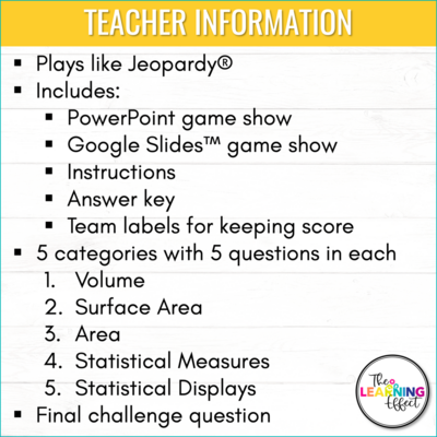 6th Grade Math Spiral Review #3 Game Show | End of Year Test Prep Activity