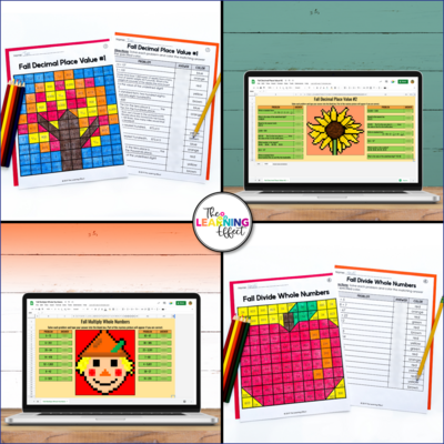 Fall Math Activities Mystery Picture & Pixel Art BUNDLE | Print + Digital