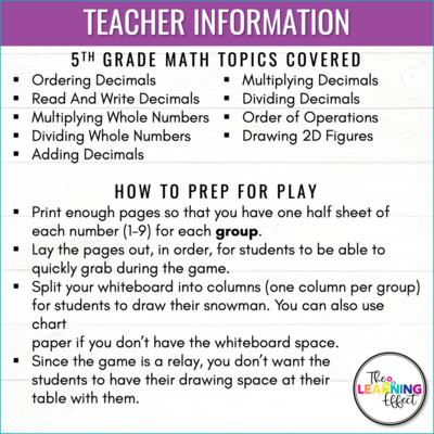 Winter Math Game for 5th Grade | Relay Review Activity | Decimals