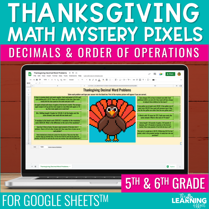 Thanksgiving Math Activities Digital Pixel Art | Decimals & Order of ...