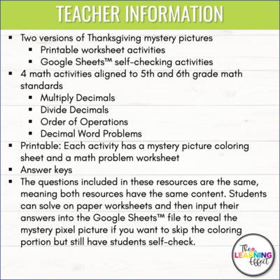 Thanksgiving Math Activities Mystery Picture & Pixel Art BUNDLE | Decimals