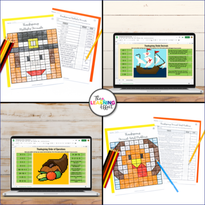 Thanksgiving Math Activities Mystery Picture & Pixel Art BUNDLE | Decimals