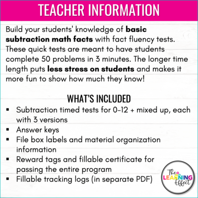 Subtraction Timed Tests | Math Facts Fluency Worksheets