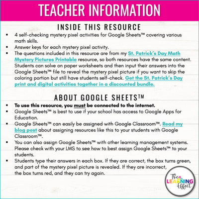 St. Patrick's Day Math Mystery Pixel Art Google Sheets