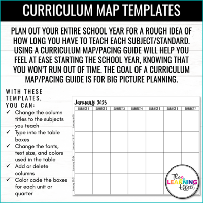 Editable Curriculum Map Template and Pacing Guide Black & White