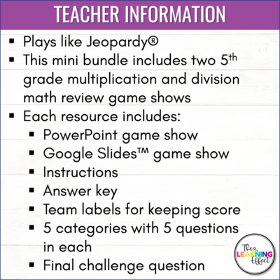 5th Grade Math Multiplication and Division Game Shows
