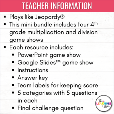 4th Grade Math Multiplication and Division Game Shows