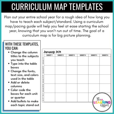 Editable Curriculum Map Template and Pacing Guide Black & White