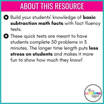 Subtraction Timed Tests | Math Fact Fluency Practice Worksheets and Tracker