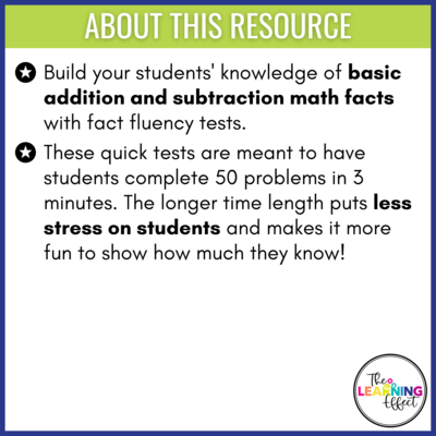 Math Fact Fluency Addition and Subtraction Timed Tests Practice Worksheets