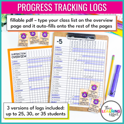 Subtraction Timed Tests | Math Fact Fluency Practice Worksheets and Tracker