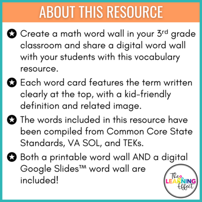 3rd Grade Math Word Wall Printable and Digital
