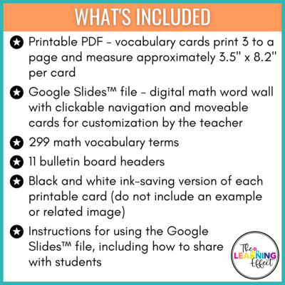 3rd Grade Math Word Wall Printable and Digital