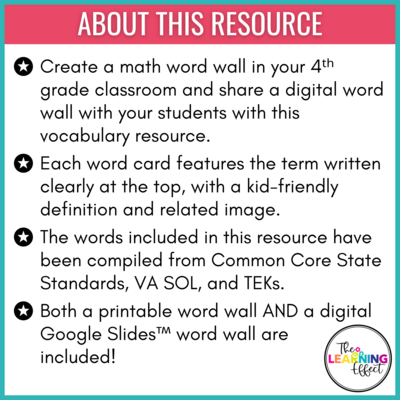 4th Grade Math Word Wall Printable and Digital