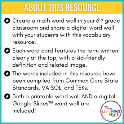 6th Grade Math Word Wall Printable and Digital