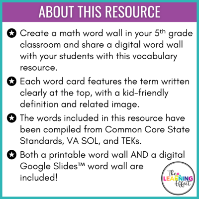 5th Grade Math Word Wall Printable and Digital