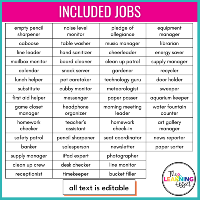 Editable Classroom Job Cards for Elementary Students