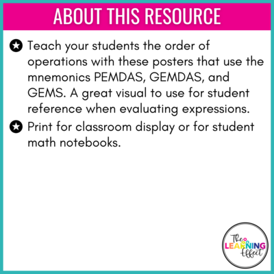 Order of Operations Math Posters | PEMDAS GEMDAS GEMS Anchor Charts