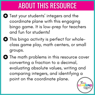 Integers and the Coordinate Plane Bingo Game