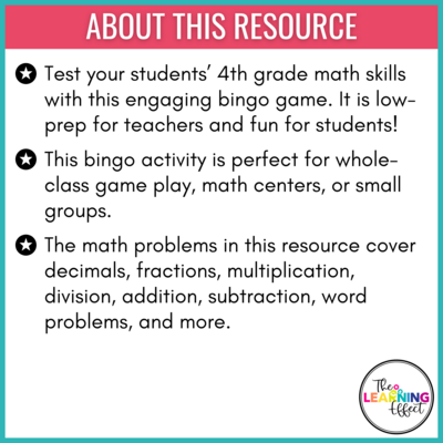 4th Grade Math Review Bingo Game | Test Prep Activity