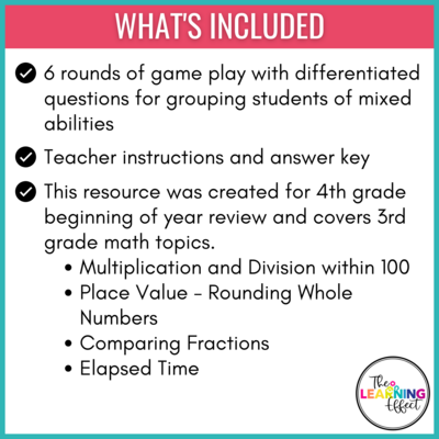 Back to School Math Game for 4th Grade