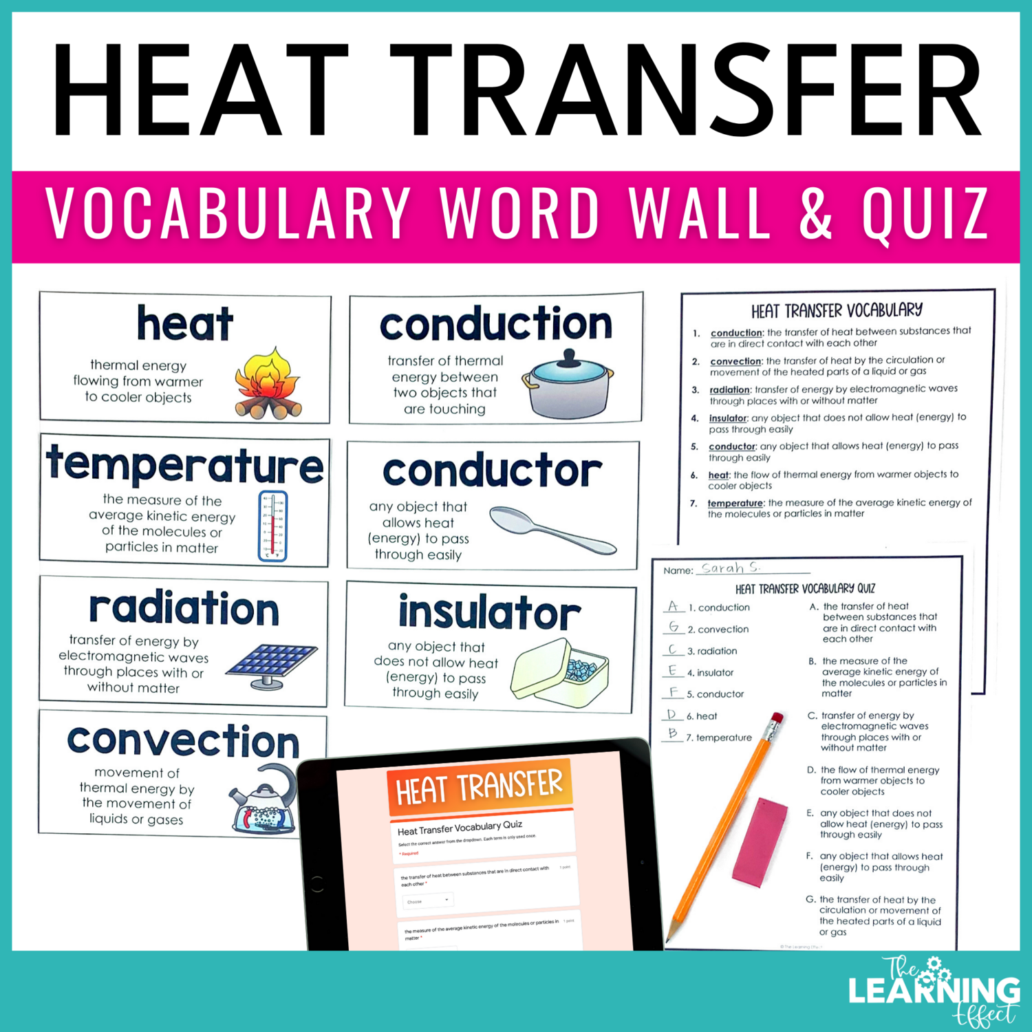 Heat Transfer Vocabulary | Word Wall & Quiz | Conduction Convection ...