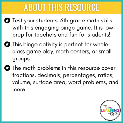 6th Grade Math Review Bingo Game | Test Prep Activity
