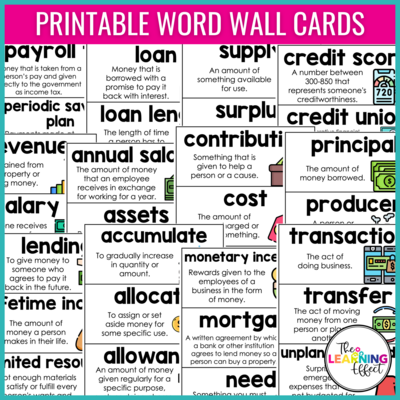 Financial Literacy Word Wall Printable and Digital