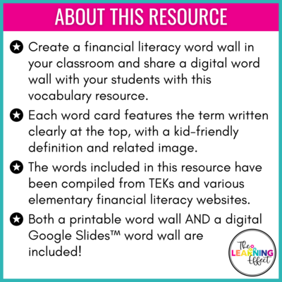 Financial Literacy Word Wall Printable and Digital
