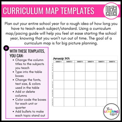 Editable Curriculum Map Template and Pacing Guide Black & White