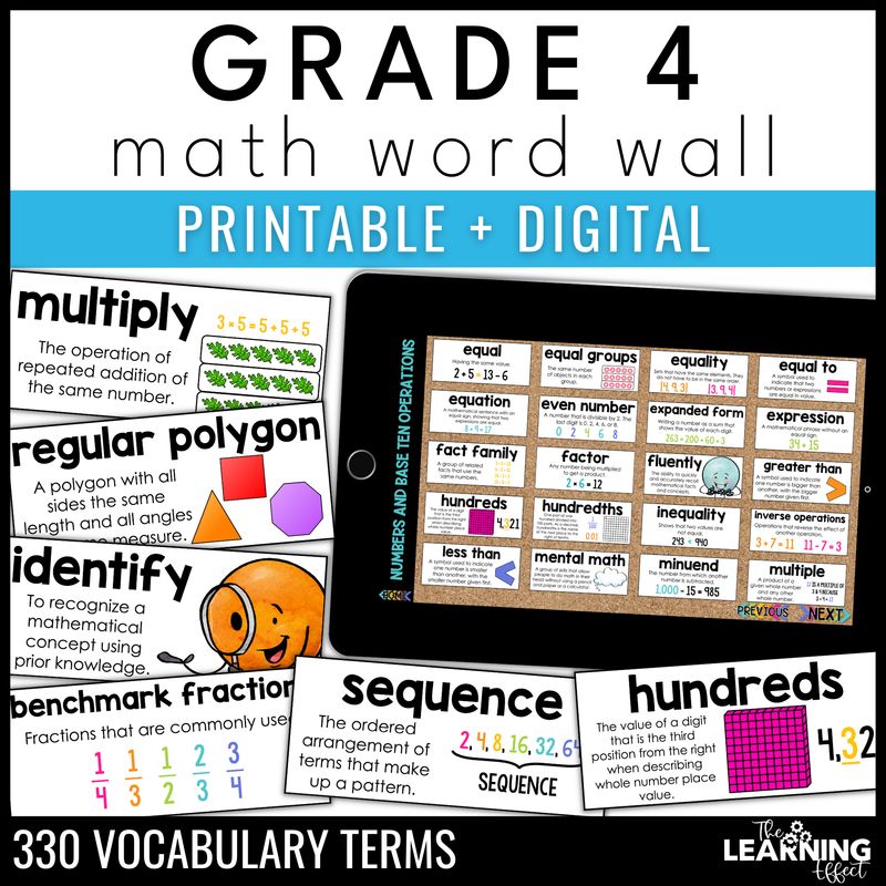4th Grade Math Word Wall Printable and Digital