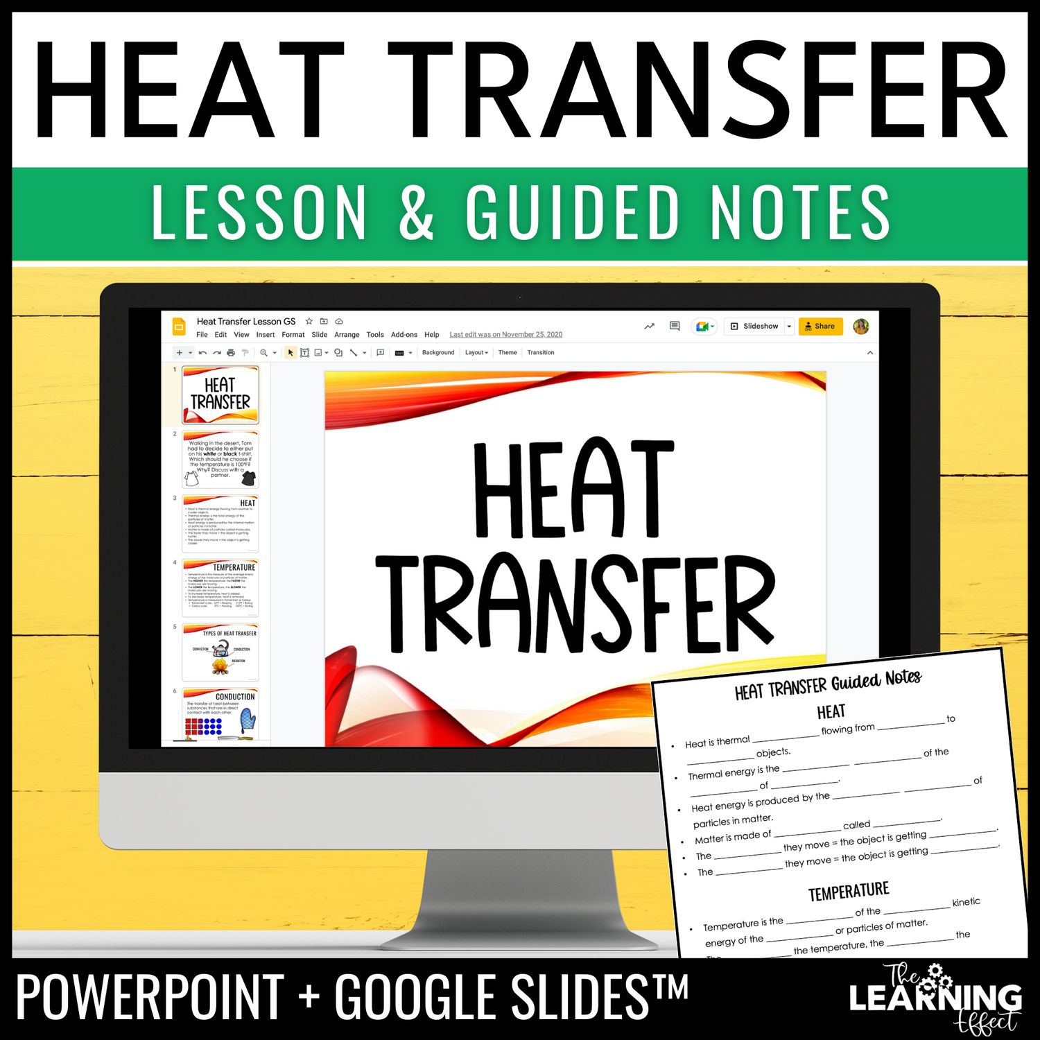 Heat Transfer Lesson Presentation & Notes | Conduction Convection Radiation