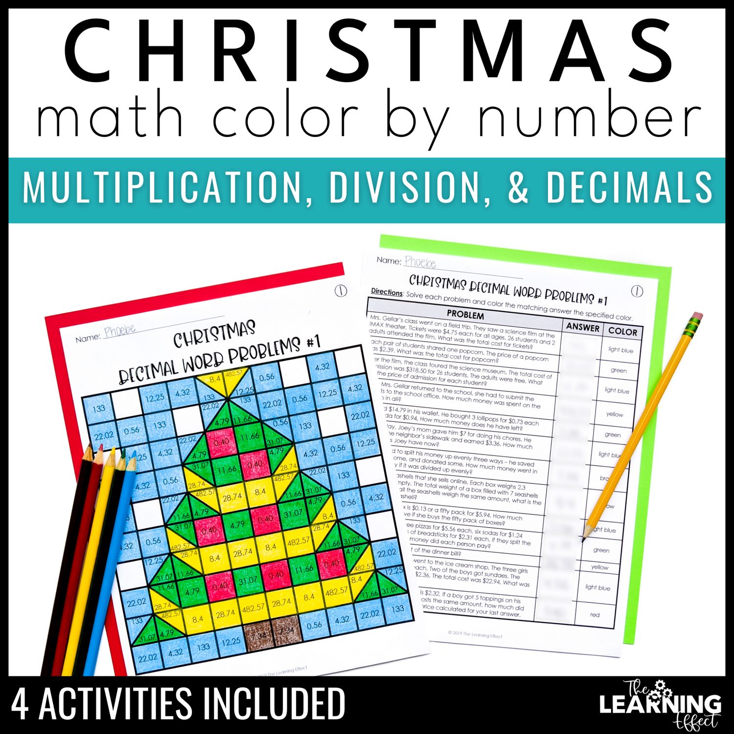 Christmas Math Activities Mystery Picture Worksheets | Color by Number