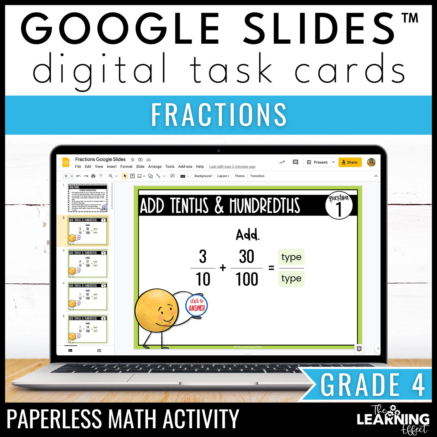 Fractions Google Slides | 4th Grade Math Digital Task Cards Activity