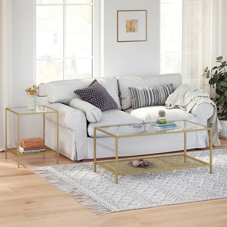 Couchtisch, Glastisch mit Gitterablage und Metallgestell stabil