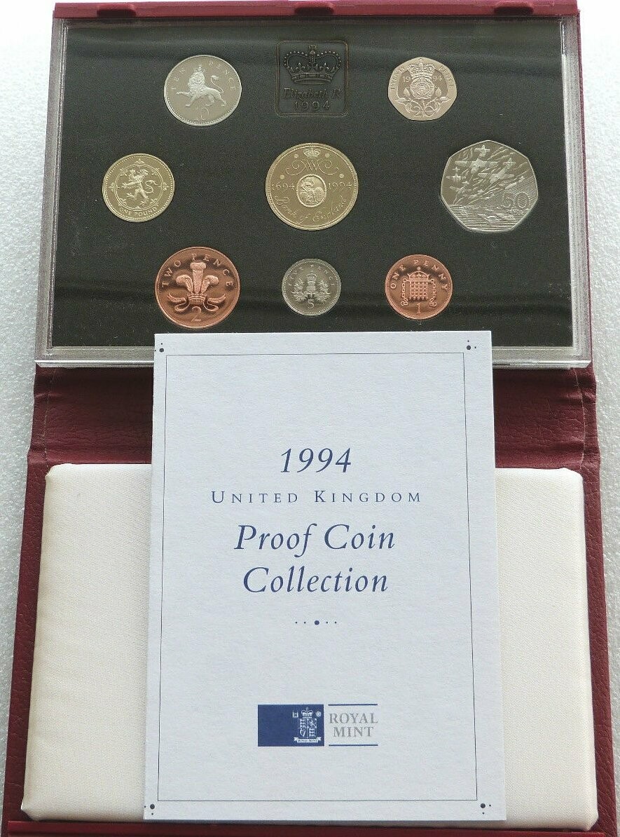 1994 Royal Mint Deluxe Proof 8 Coin Set Red Leather Case Coa