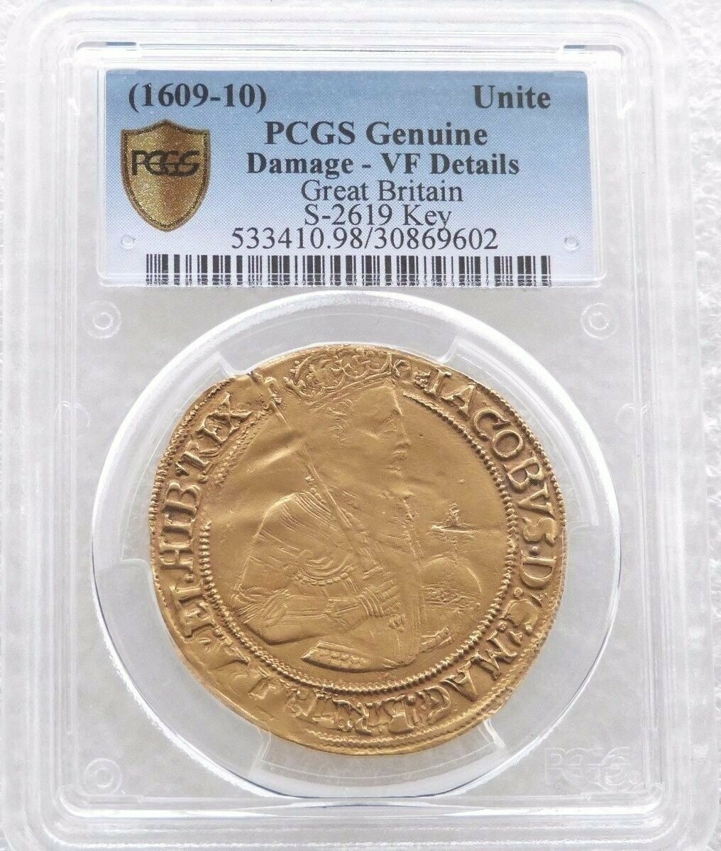 1609-1610 James I Fourth Bust Unite Gold Coin PCGS VF Details