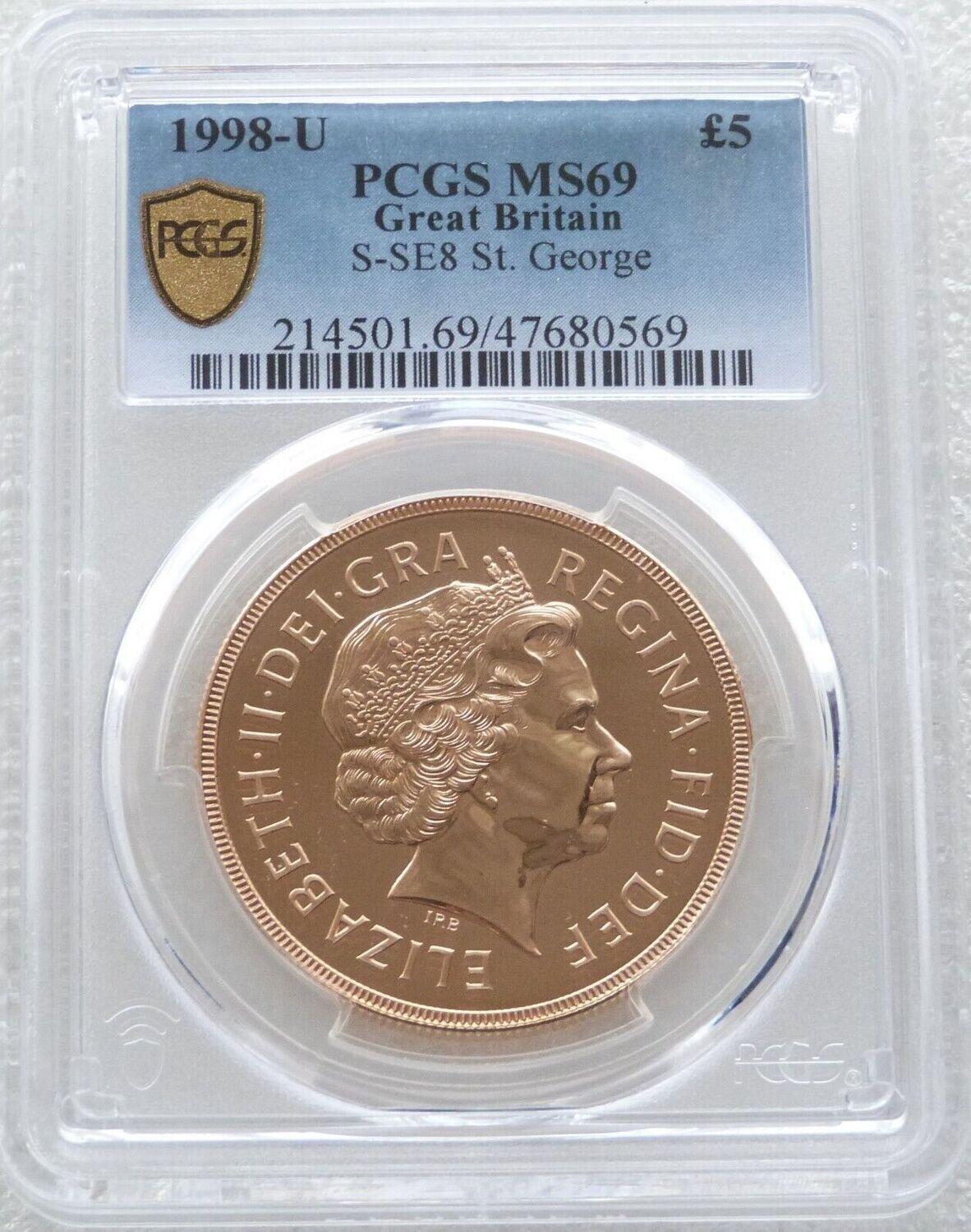 1998-U St George and the Dragon £5 Sovereign Gold Coin PCGS MS69
