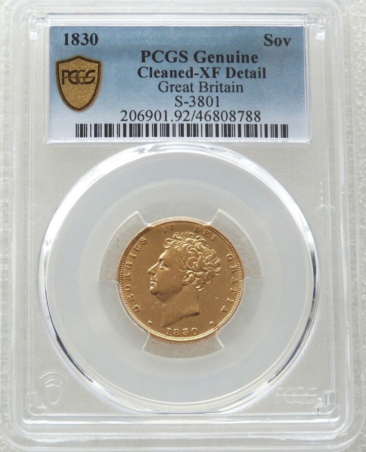 1830 George IV Bare Head Royal Arms Full Sovereign Gold Coin PCGS XF ...