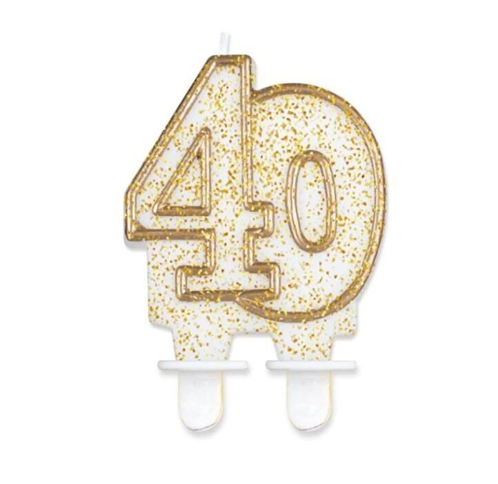 Lumanare tort cifra 40, alb cu contur auriu și glitter