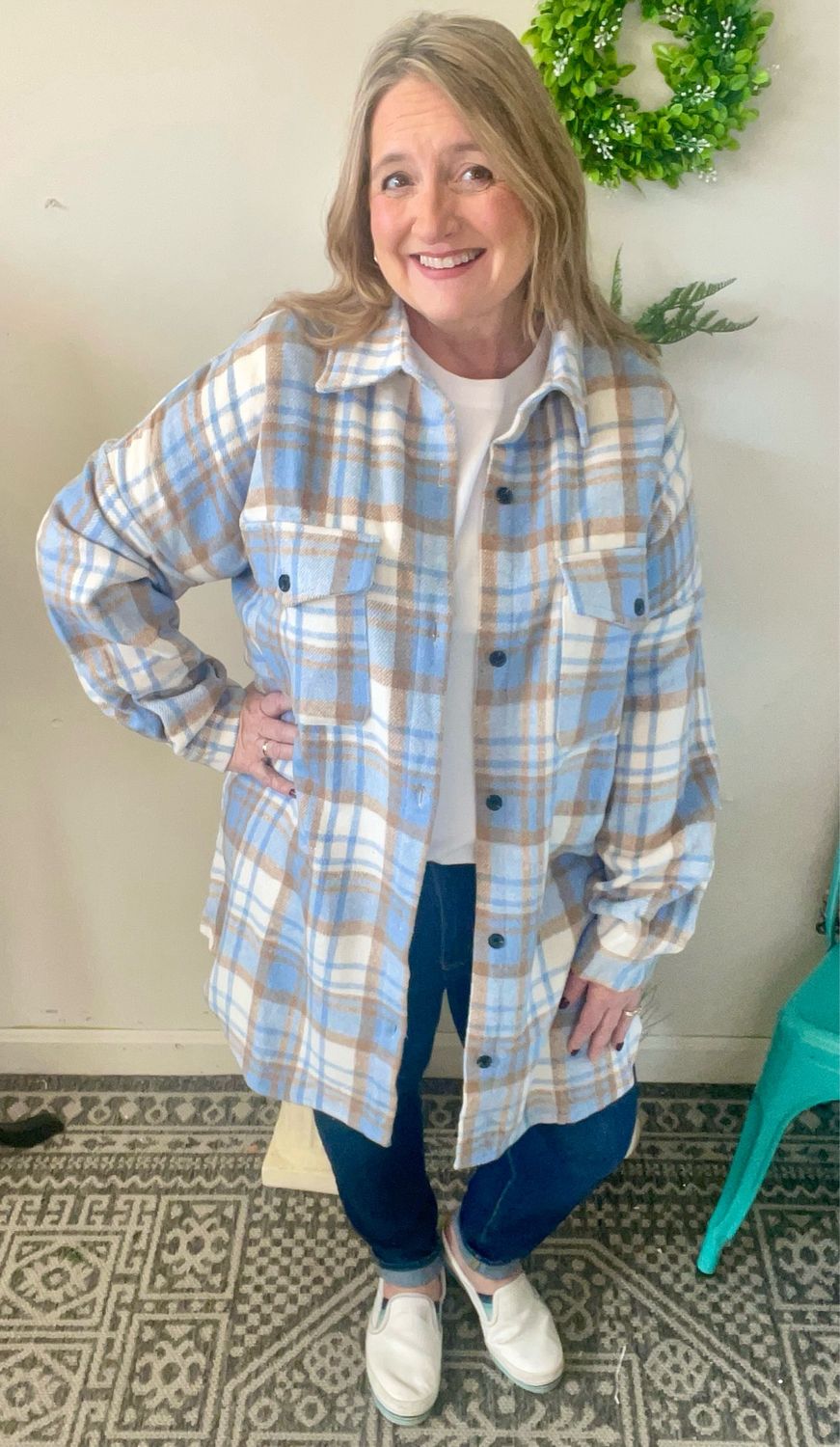 Long Plaid Flannel Shacket - Blue | Online Store | Generations Boutique ...