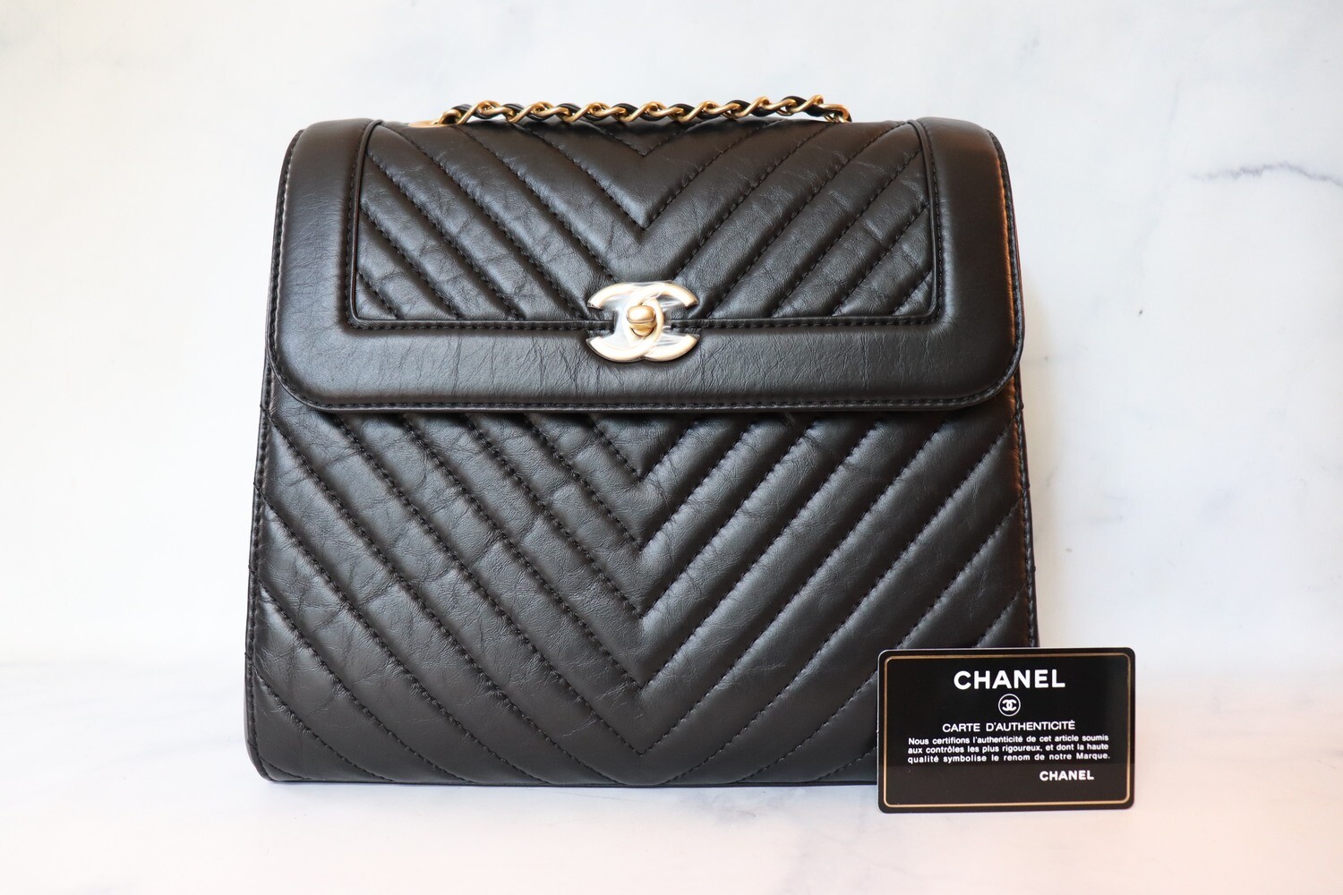 Chanel Backpack Chevron Black Distressed Leather, Antique Gold Hardware ...