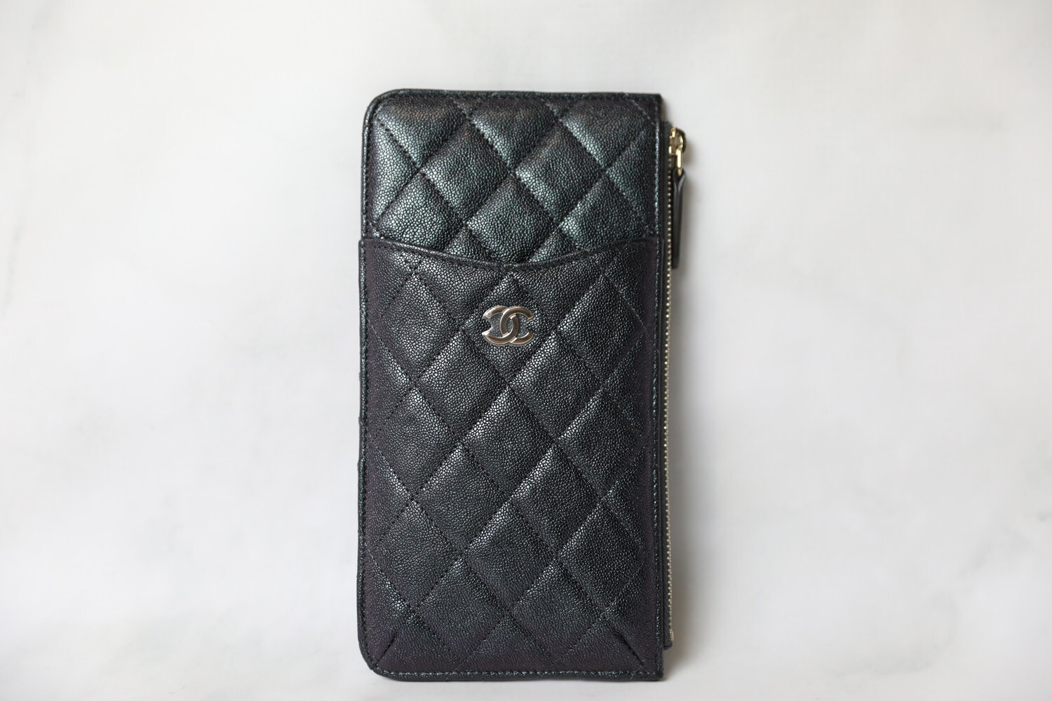 Chanel SLG Long Zip Wallet, Black Iridescent Caviar with Gold Hardware ...
