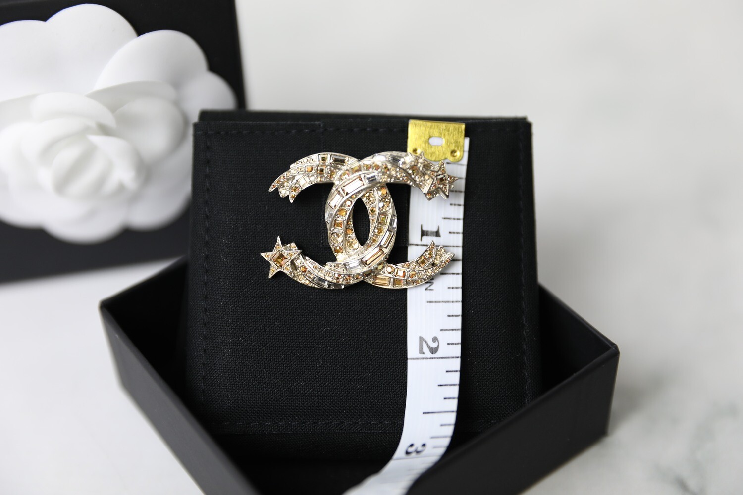 Chanel Golden Crystal and Star Brooch New in Box WA001 Julia Rose Boston Shop