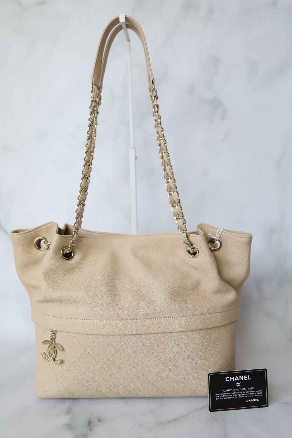 Chanel Drawstring Tote, Beige Caviar with Gold Hardware, Preowned in ...