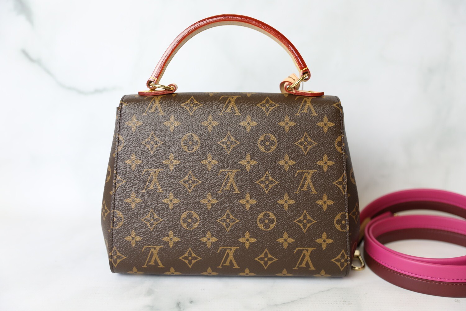 Louis Vuitton Cluny BB, Monogram with Fuchsia Strap Louis Vuitton Cluny BB, Monogram with Fuchsia Strap