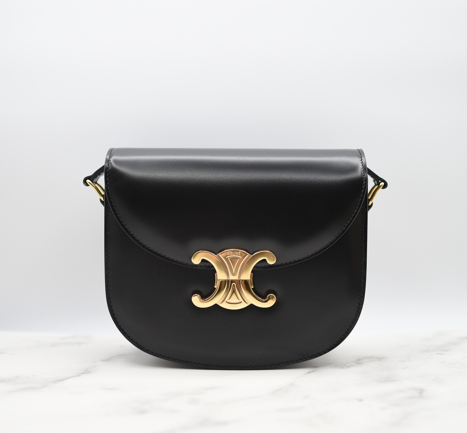 Celine Besace Triomphe Teen Bag, Shiny Calfskin Leather in Black, Gold ...