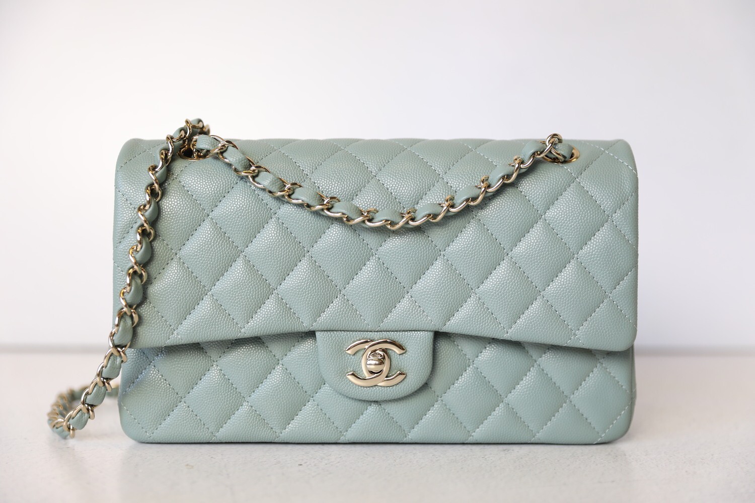 Chanel Classic Medium, Blue Green Caviar Leather With Gold Hardware ...